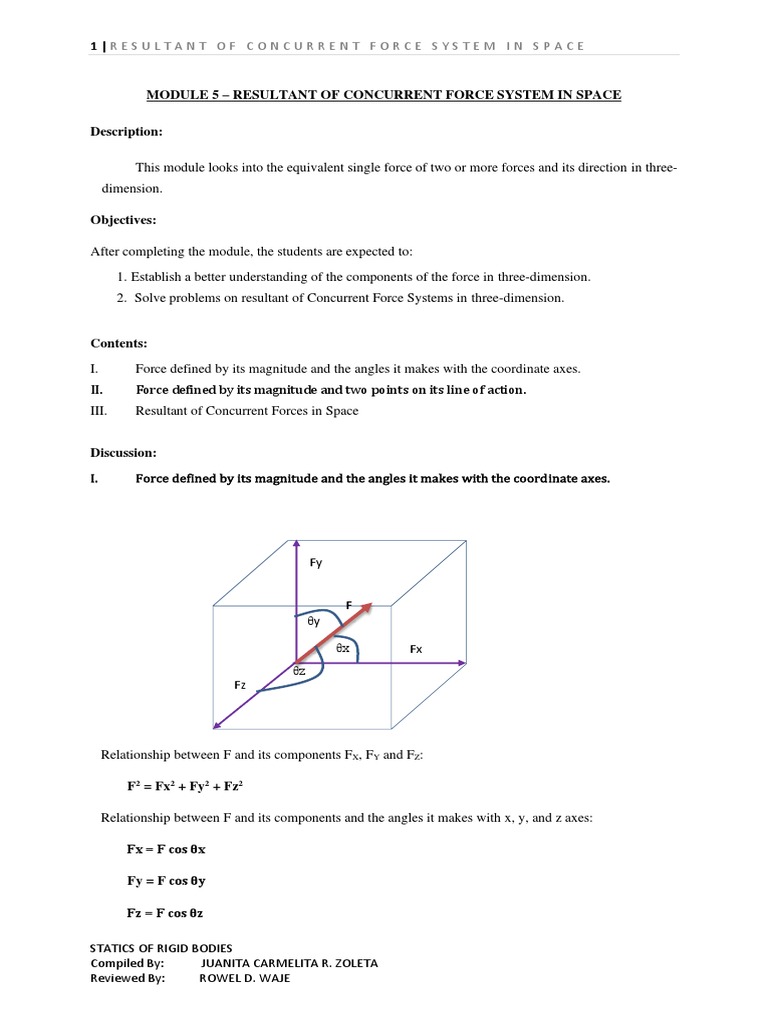 Module 5 - Resultant of Concurrent Force System in Space | PDF | Force | Euclidean Vector