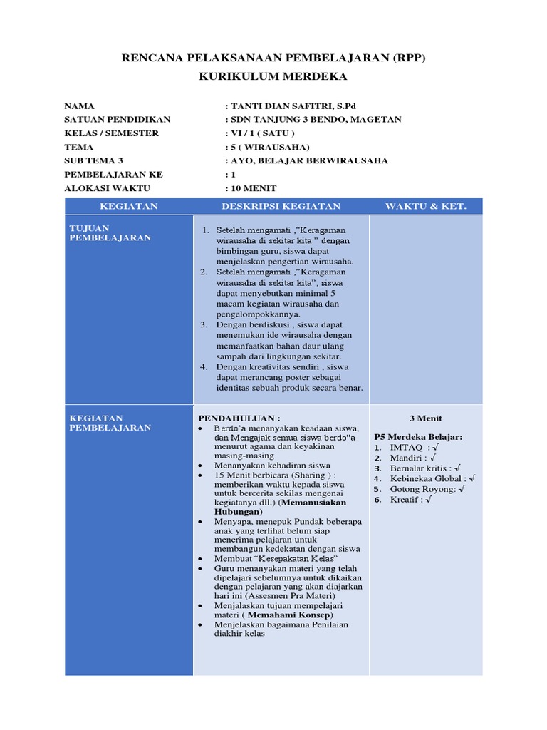 Rencana Pelaksanaan Pembelajaran (RPP) Kurikulum Merdeka | PDF