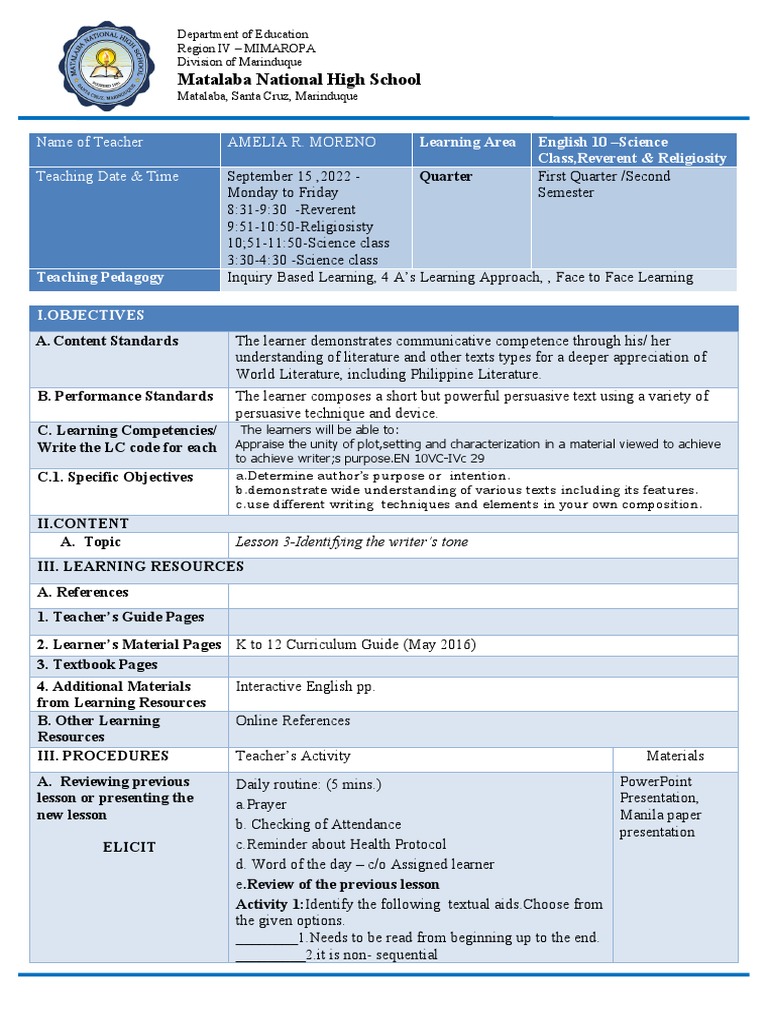 DLP in English 10 - 10.1 | PDF | Learning | Teaching Method