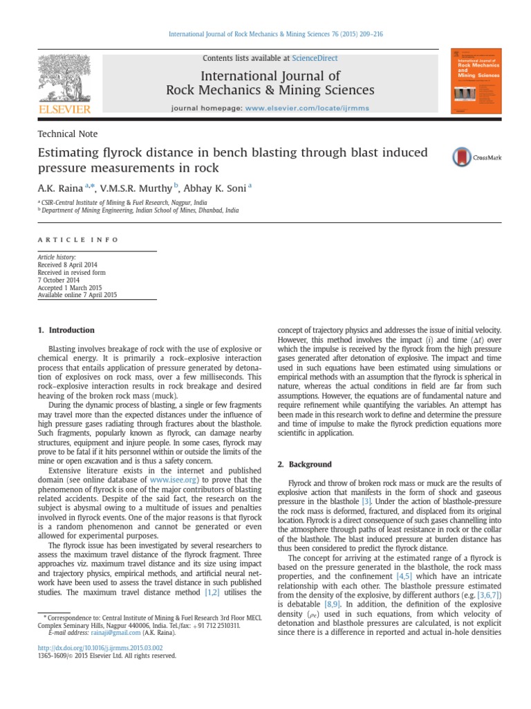 Estimating Flyrock Distance in Bench Blasting Through Blast Induced ...