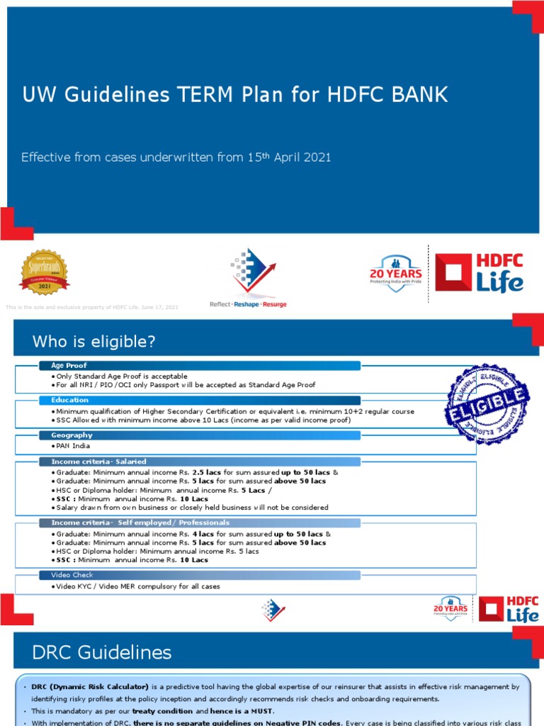 UW Guidelines For TERM Plan HDFC Bank June | PDF