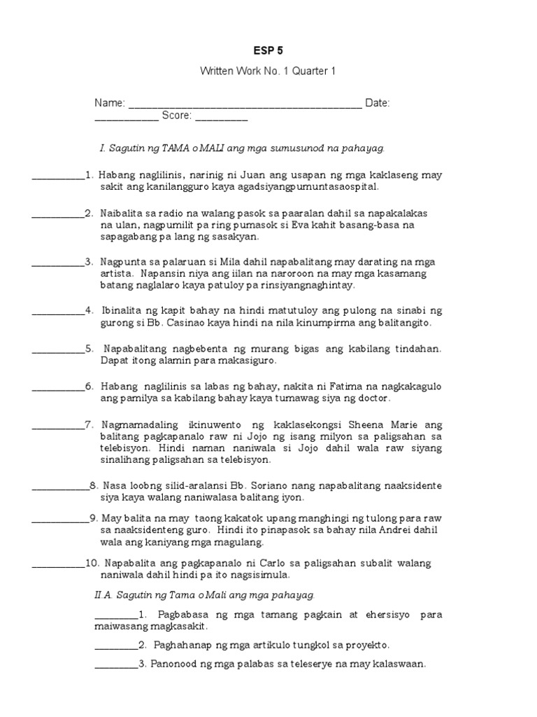 ESP 5 Summative Test | PDF