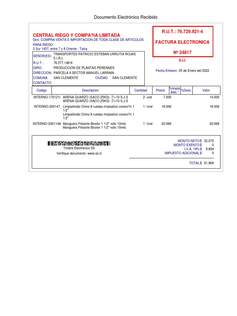 Central Riego Y Compa?Ia Limitada R.U.T.: 76.729.921-4 Factura Electronica #24817 | PDF
