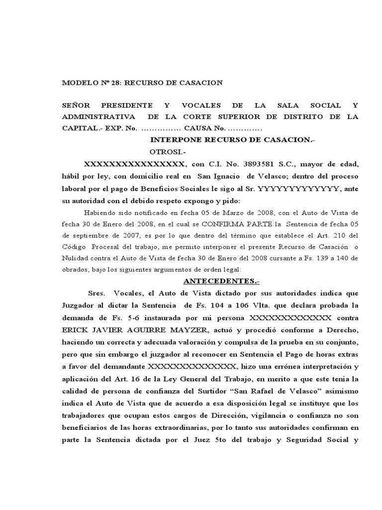 Modelo #21 Recurso de Casacion | PDF | Derecho laboral | Sentencia (ley)