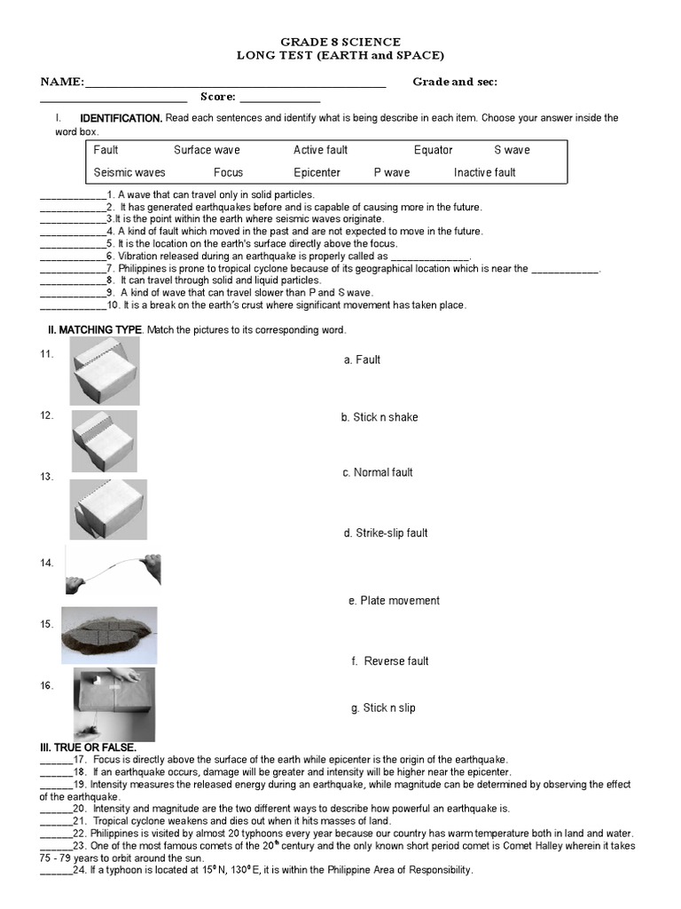 Grade 8 Earth Science Test Review | PDF | Meteoroid | Earthquakes