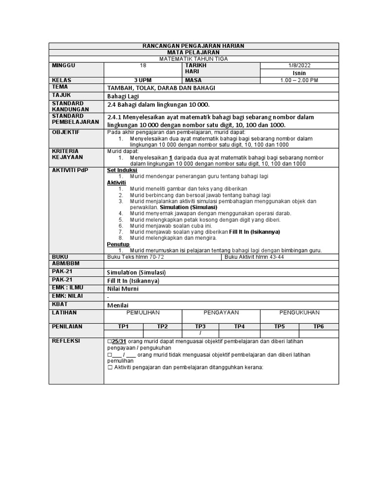 RPH Minggu 18 (1 - 5 Ogos 2022) | PDF