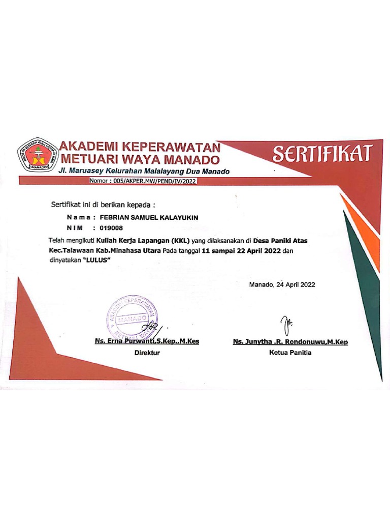 Contoh Sertifikat KKL | PDF