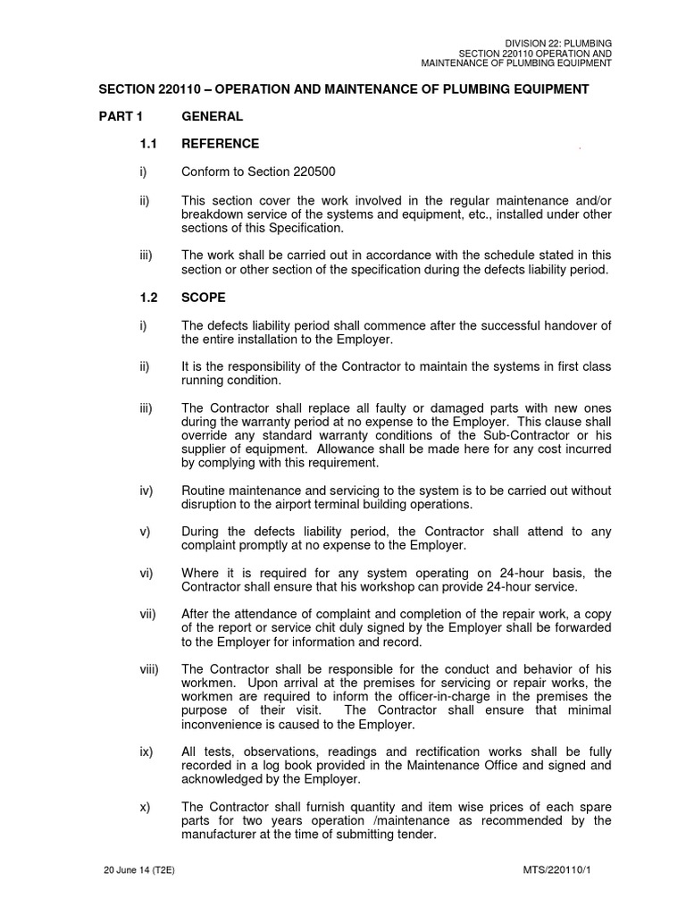 Section-220110 Operation and Maintenance of Plumbing Equipment Rev 1 | PDF