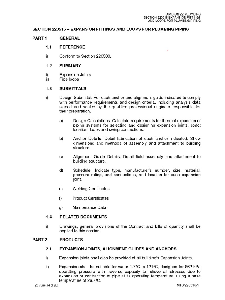 Section-220516 Expansion Fittings and Loops For Plumbing Piping Rev 1 | PDF | Pipe (Fluid ...