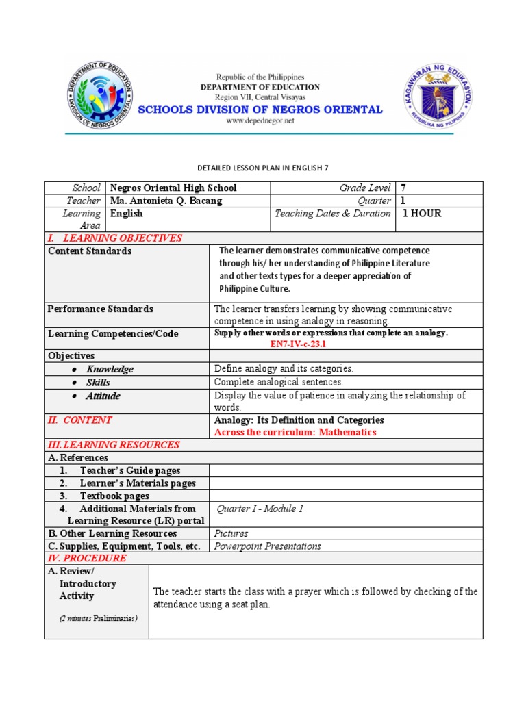 DLP-COT Q1 Eng7 Module 1 | Download Free PDF | Learning | Analogy