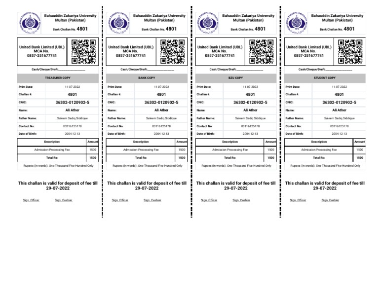 BZU Admission Fee Challan 2022 | PDF | Cheque | Economies