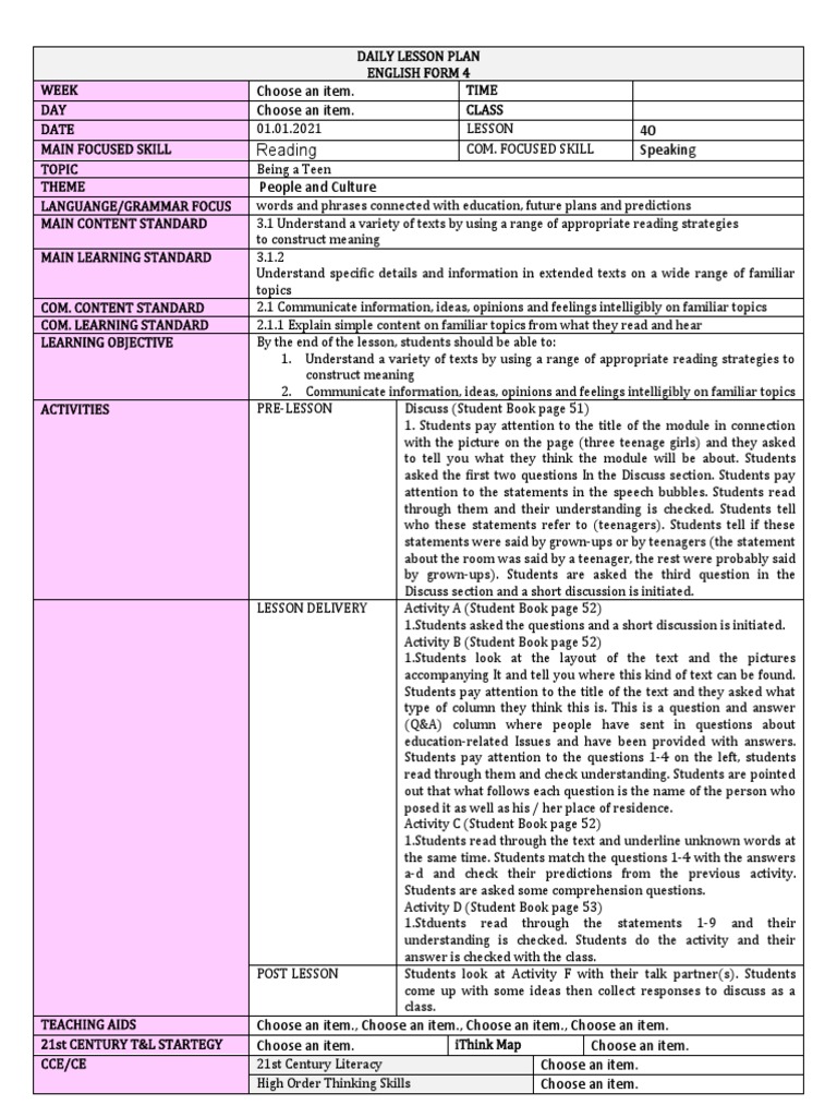 Unit 4 Being A Teen | PDF | Lesson Plan | Teaching Method