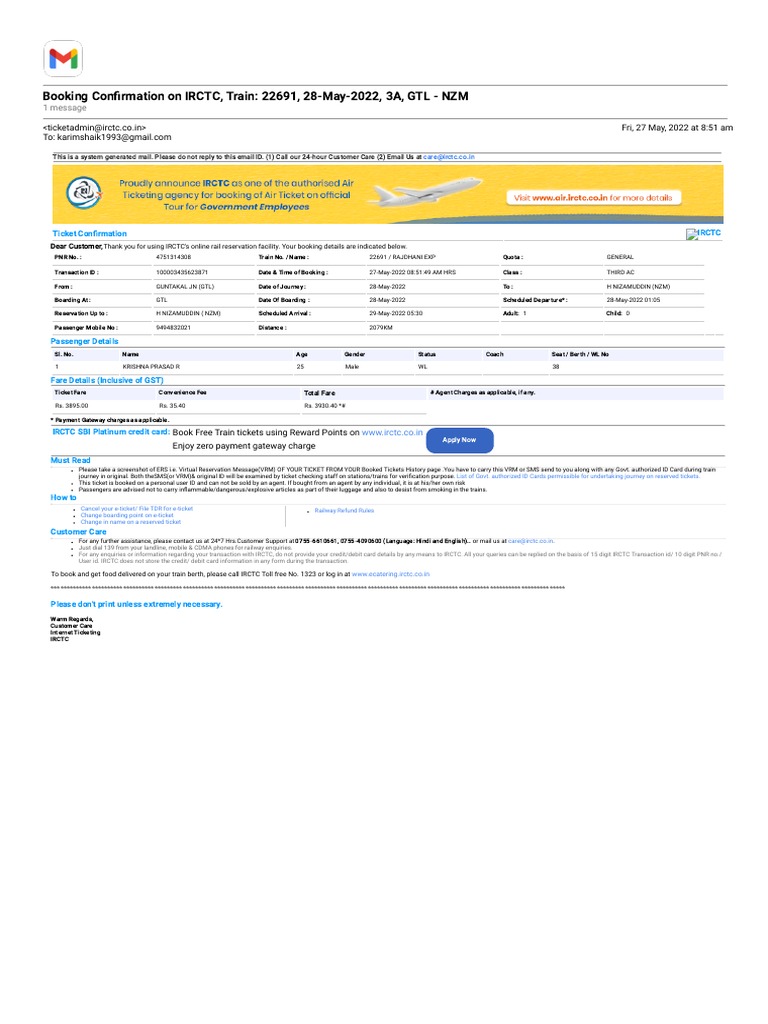 Gmail - Booking Confirmation On IRCTC, Train - 22691, 28-May-2022, 3A, GTL - NZM | PDF | Debit ...
