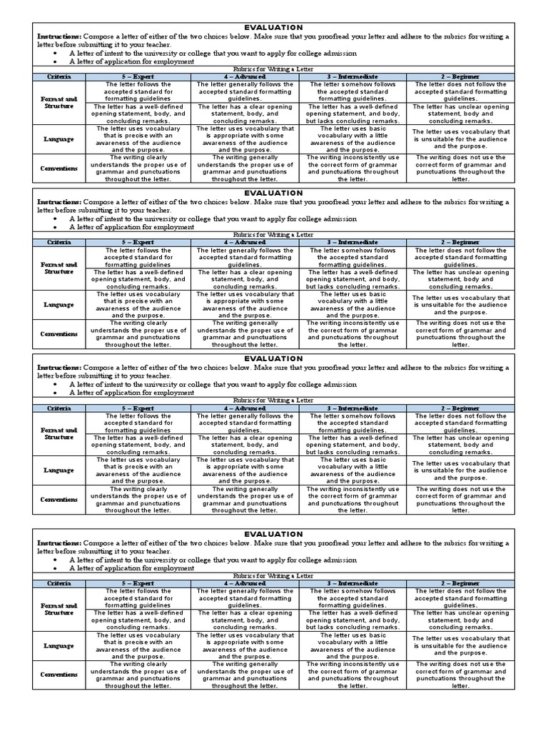 EVALUATION Rubrics For Letter Writing | PDF | Rubric (Academic) | Grammar