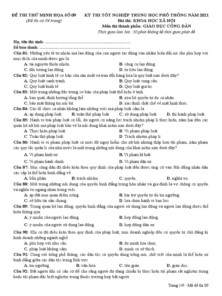 9. Đề thi thử TN THPT 2021 - Môn GDCD - Bộ đề chuẩn cấu trúc minh họa - Đề 9 - File word có lời ...