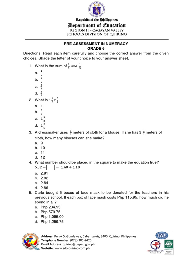 Grade 6 Math Pre-Assessment Test | PDF | Volume | Area