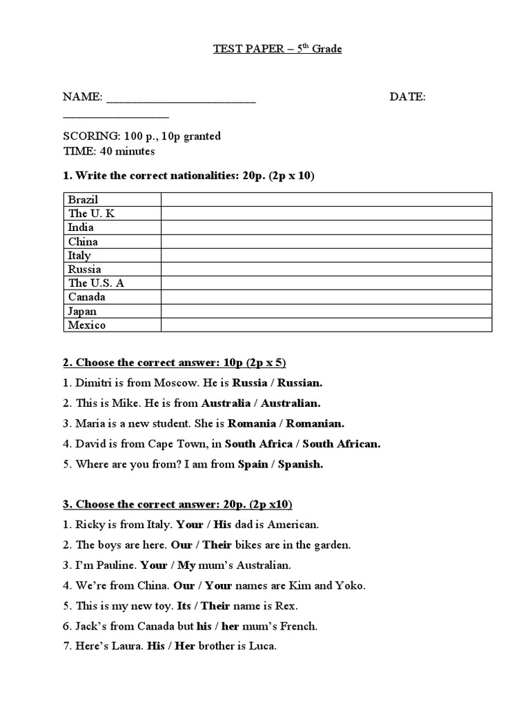 Test Paper 5th Grade | PDF | Language Arts & Discipline