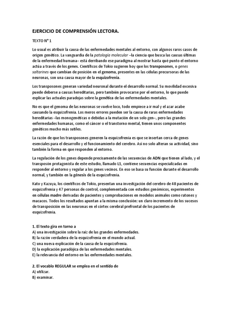 Ejercicio de Comprensión Lectora 01 | PDF | Elemento transponible | Esquizofrenia