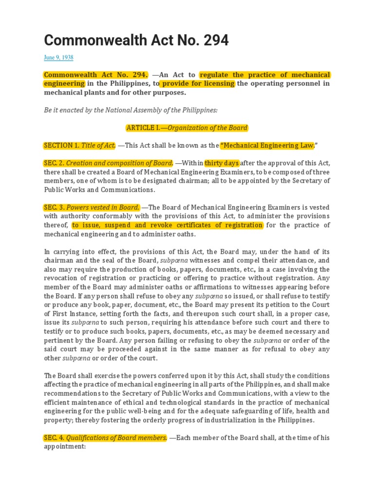 Commonwealth Act No. 294 | PDF | Engines | Engineer