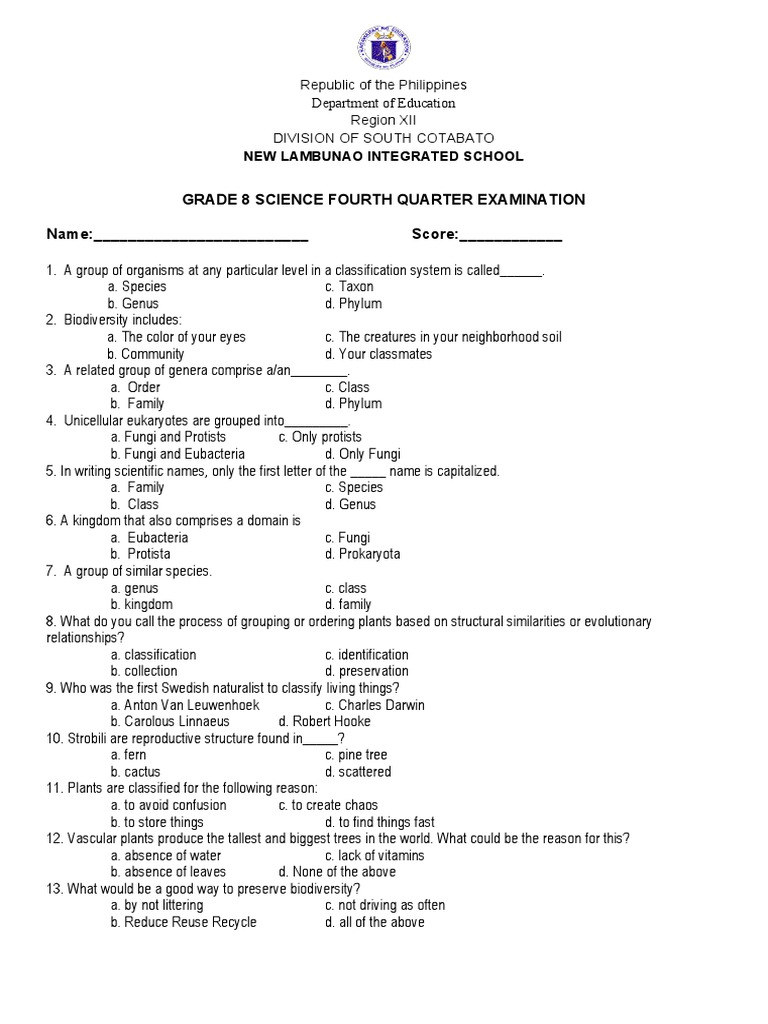 Grade 8 Science 4th Quarter Exam | PDF | Human Digestive System | Digestion