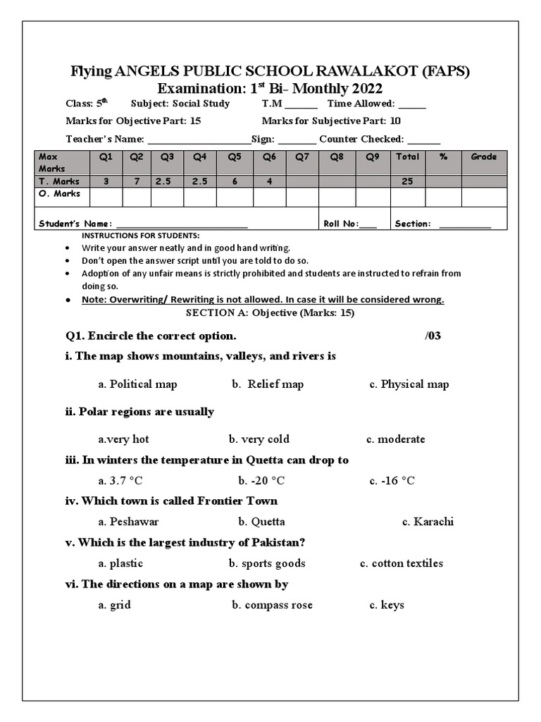 Social Studies Paper (Class 5th) - 1 | PDF | Earth Sciences | Geography