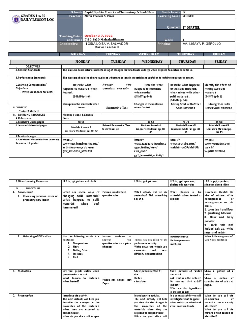 DLL Science-4 Q1 W6-1 | PDF | Learning | Teachers