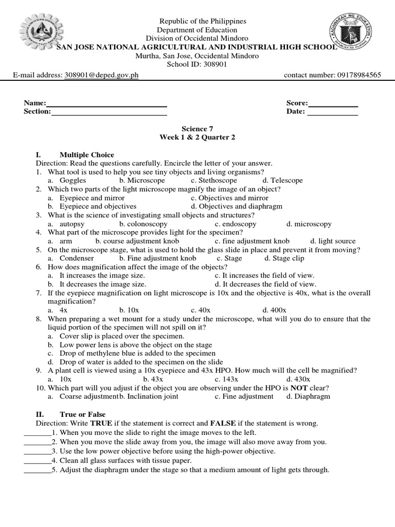 Grade 7 Science Quarter 2: Microscope Quiz | PDF | Microscope | Glass ...