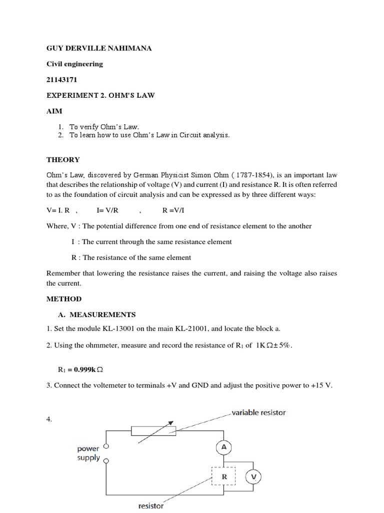 EXPERIMENT 3 OHMS LAW (1) GUY DERVILLE Cc7b49ce | PDF | Voltage ...