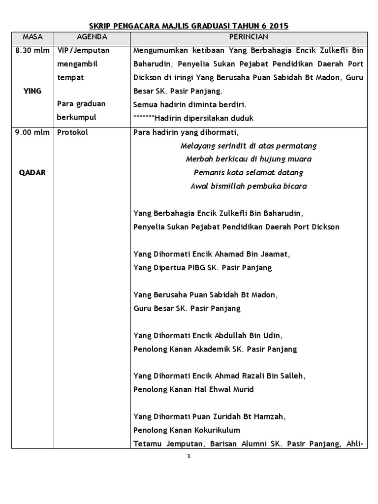 Skrip MC Majlis Graduasi Tahun 6 | PDF