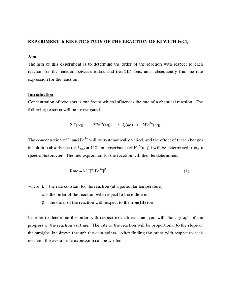 Experiment 4 - KINETIC STUDY OF THE REACTION OF KI WITH FeCl3 ...