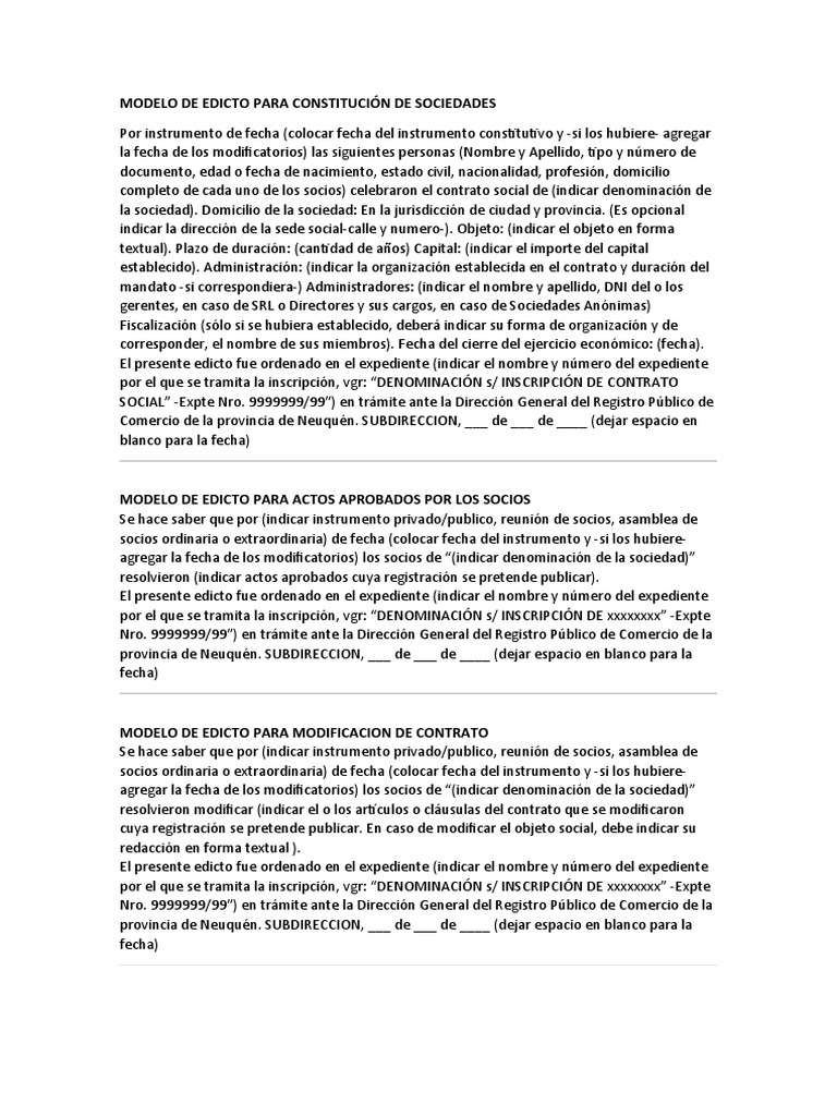 Modelo de Edicto para Constitución de Sociedades | PDF | Justicia ...