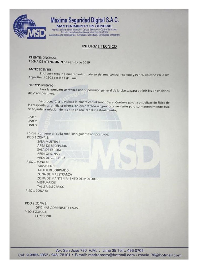 Informe Tecnico Del Sistema Contra Incendios ONCH SAC | PDF