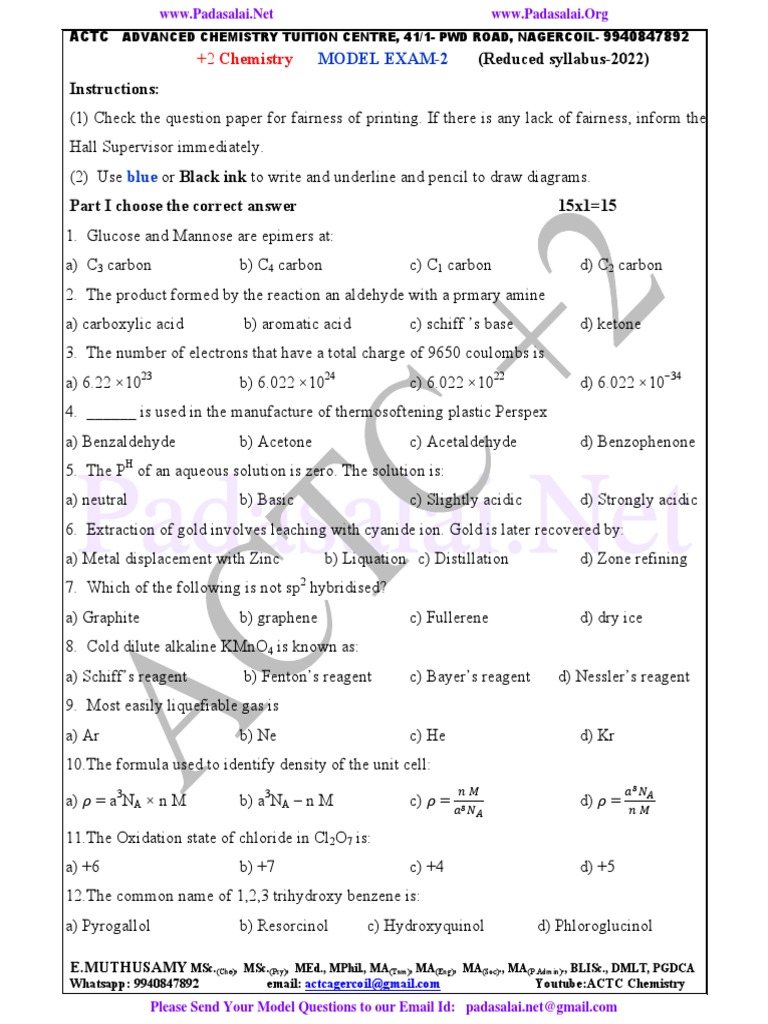 12th Chemistry Model Exam 2022 | PDF | Chemical Reactions | Acid