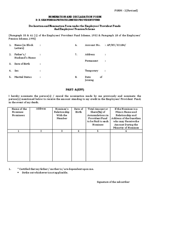 Provident Fund Nomination Form | PDF