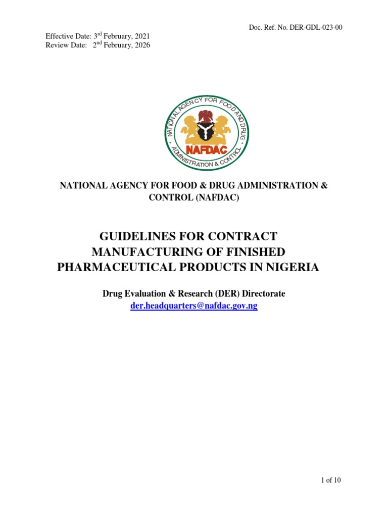 Nafdac Guidelines For Contract Manufacturing of Finished Pharmaceutical ...