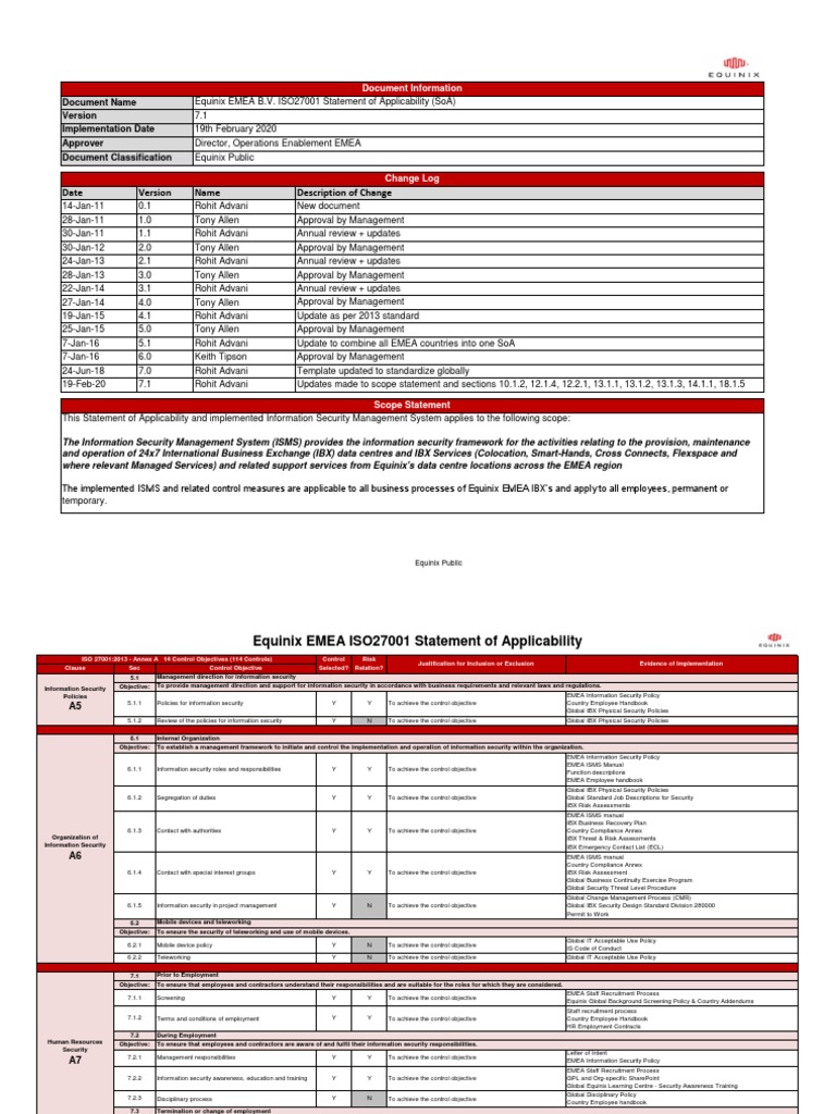 Name Docs - SOA Equinix-EMEA Statement of Applicability | PDF ...