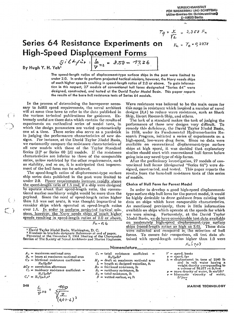 Series 64 Resistance Experiments On High-Speed Displacement Forms - Yeh ...