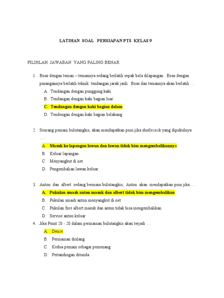 Latihan Soal Persiapan PTS Kelas 9 Pjok | PDF