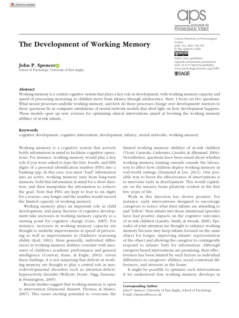 The Development of Working Memory: John P. Spencer | Download Free PDF | Working Memory | Memory