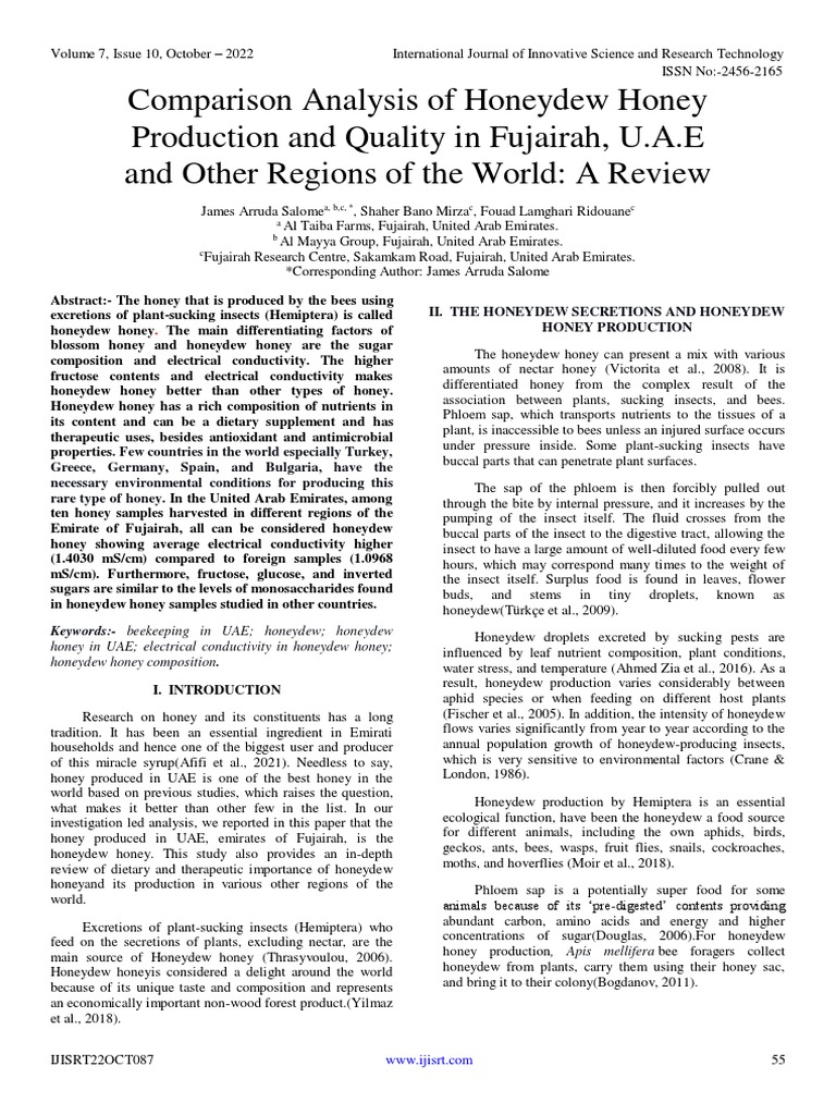 Comparison Analysis of Honeydew Honey Production and Quality in Fujairah, U.a.E and Other ...