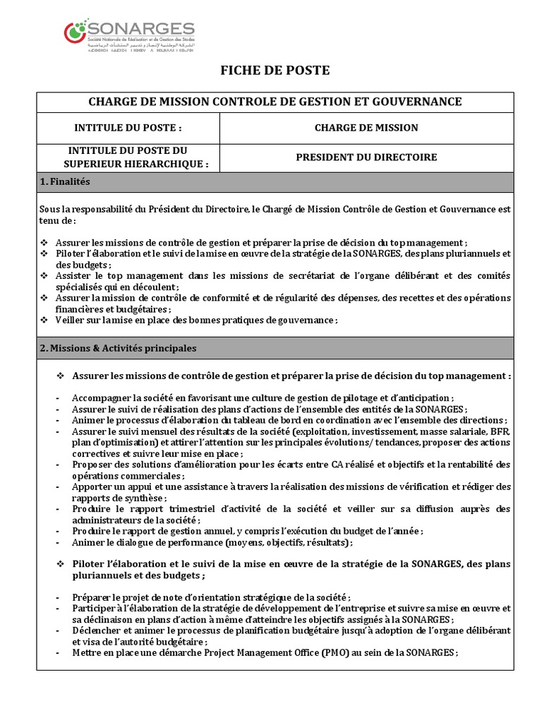 Fiche de Poste Chargé de Mission Contrôle de Gestion Gouvernance | PDF | Gouvernance | Business
