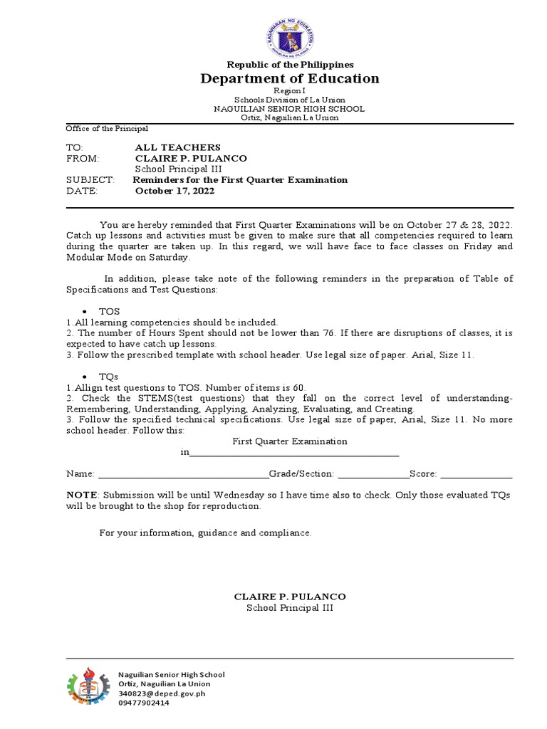 1st Quarter Exam Memo | PDF