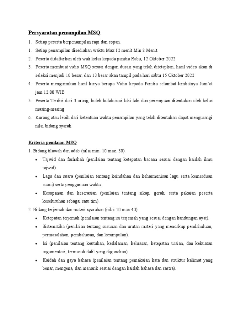 Kriteria Penilaian MSQ | PDF
