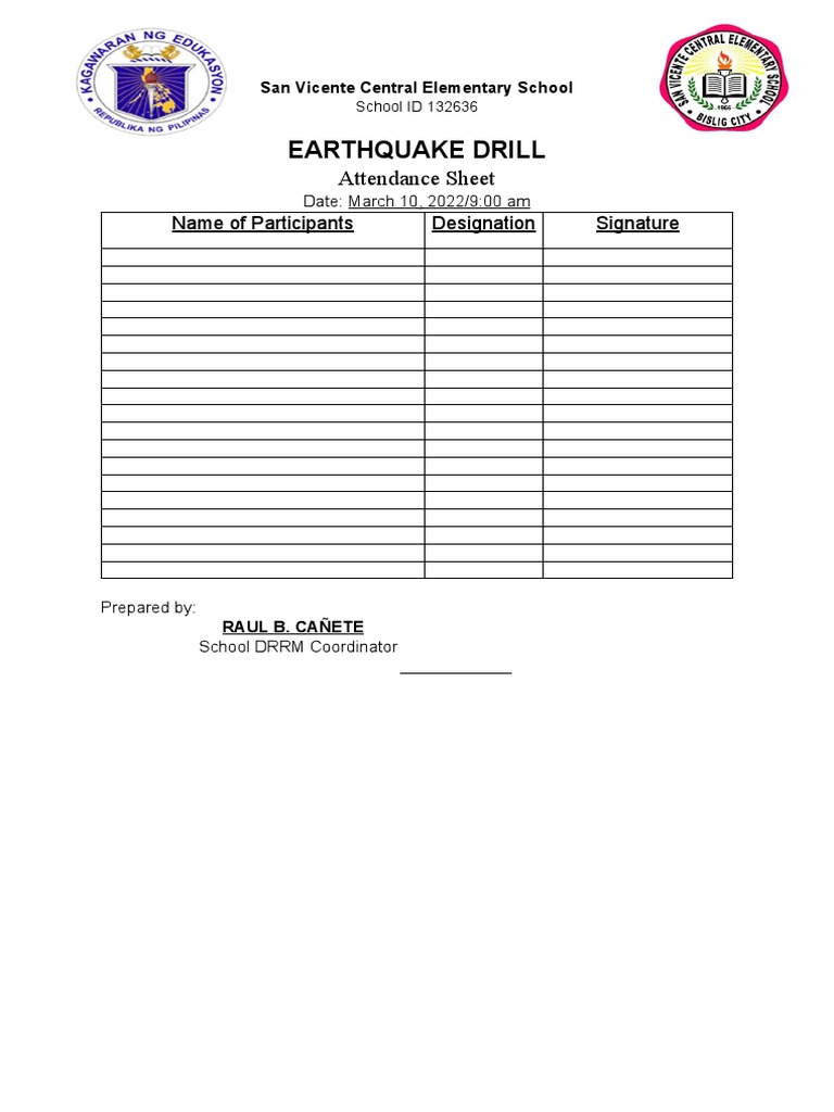 Earthquake Drill Attendance Sheet | PDF