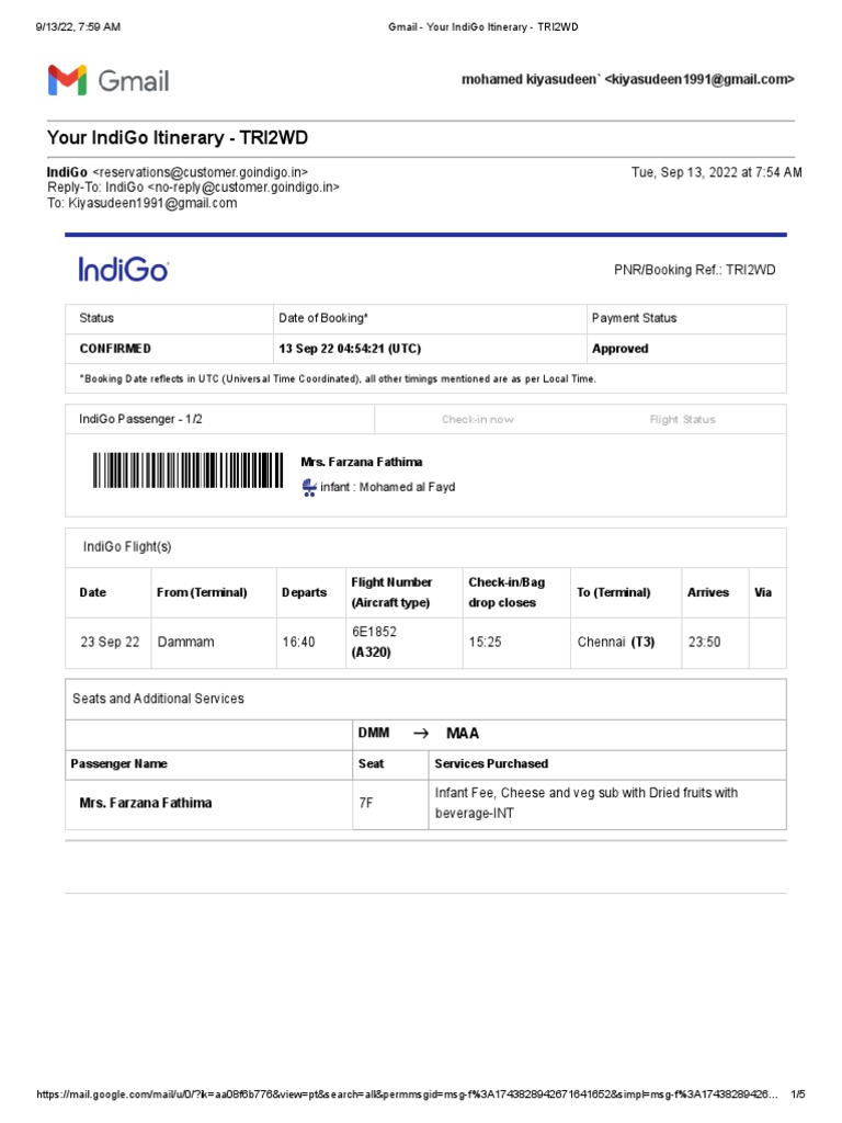 Farzana Flight Ticket - Indigo | PDF
