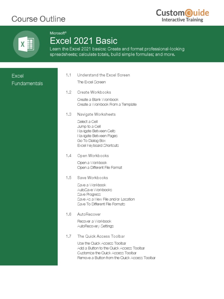 Excel 2021 Basic Course Outline | PDF | Microsoft Excel | Microsoft Windows Excel 2021 Basic Course Outline | PDF | Microsoft Excel | Microsoft Windows