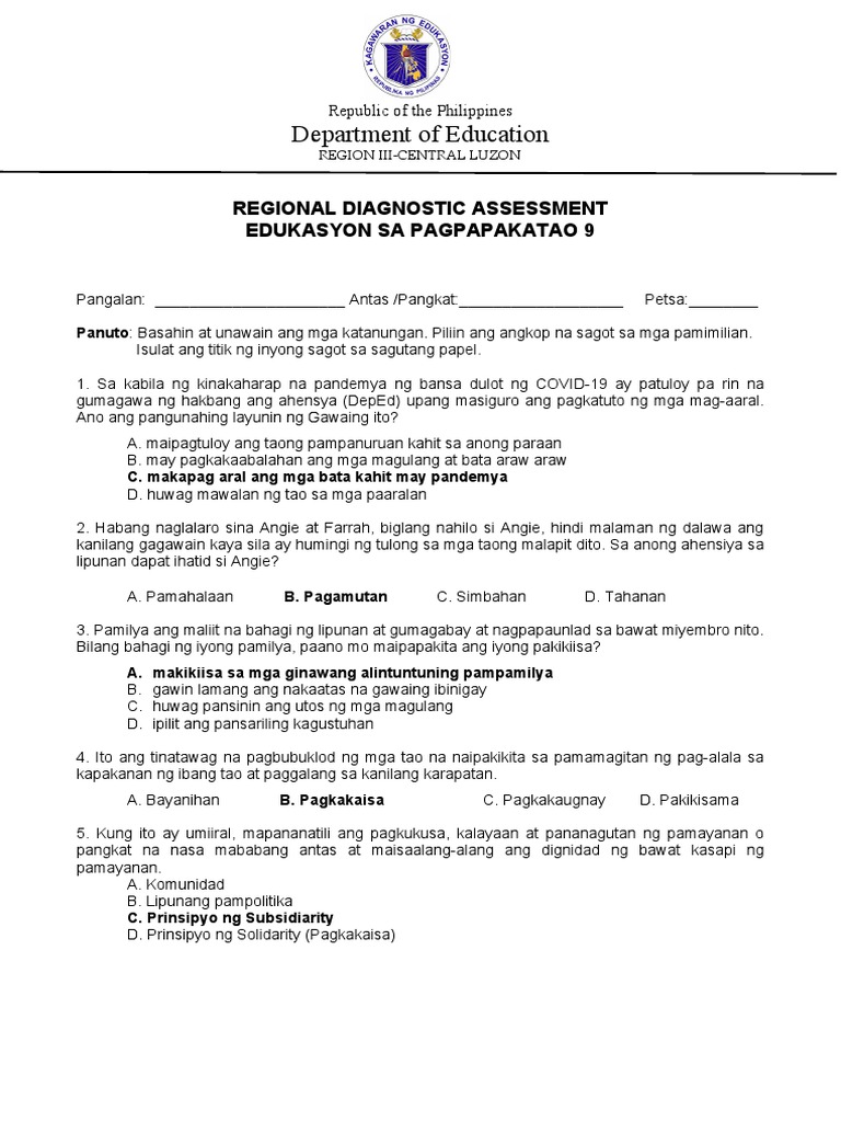 Diagnostic Assessment EsP Grade 9 | PDF