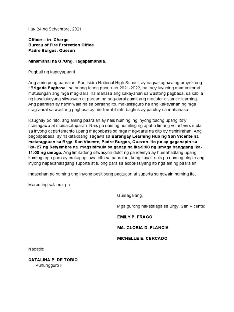 Brigada Pagbasa Letter | PDF