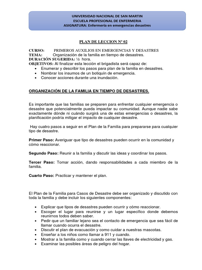 Plan de Leccion N 02 - Organizacion de Familias en Tiempo de Desastres) - Realizado | PDF | Inundar