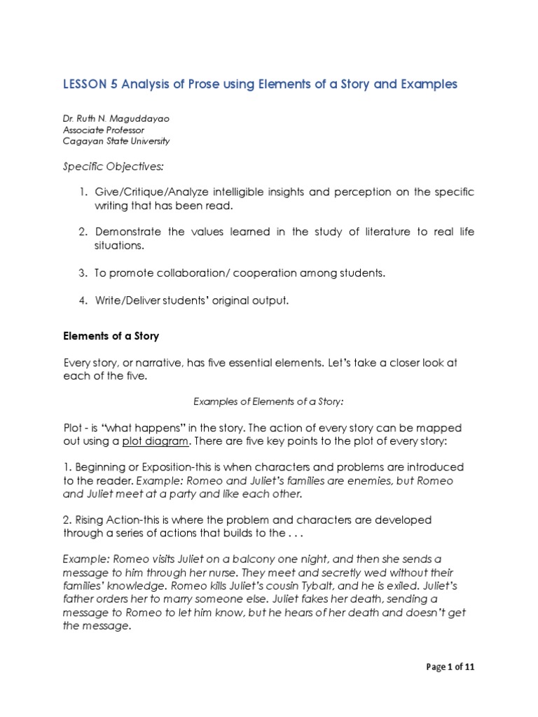 Lesson+5+Analysis+of+Prose+Using+Elements+of+a+Story+and+Examples | PDF ...